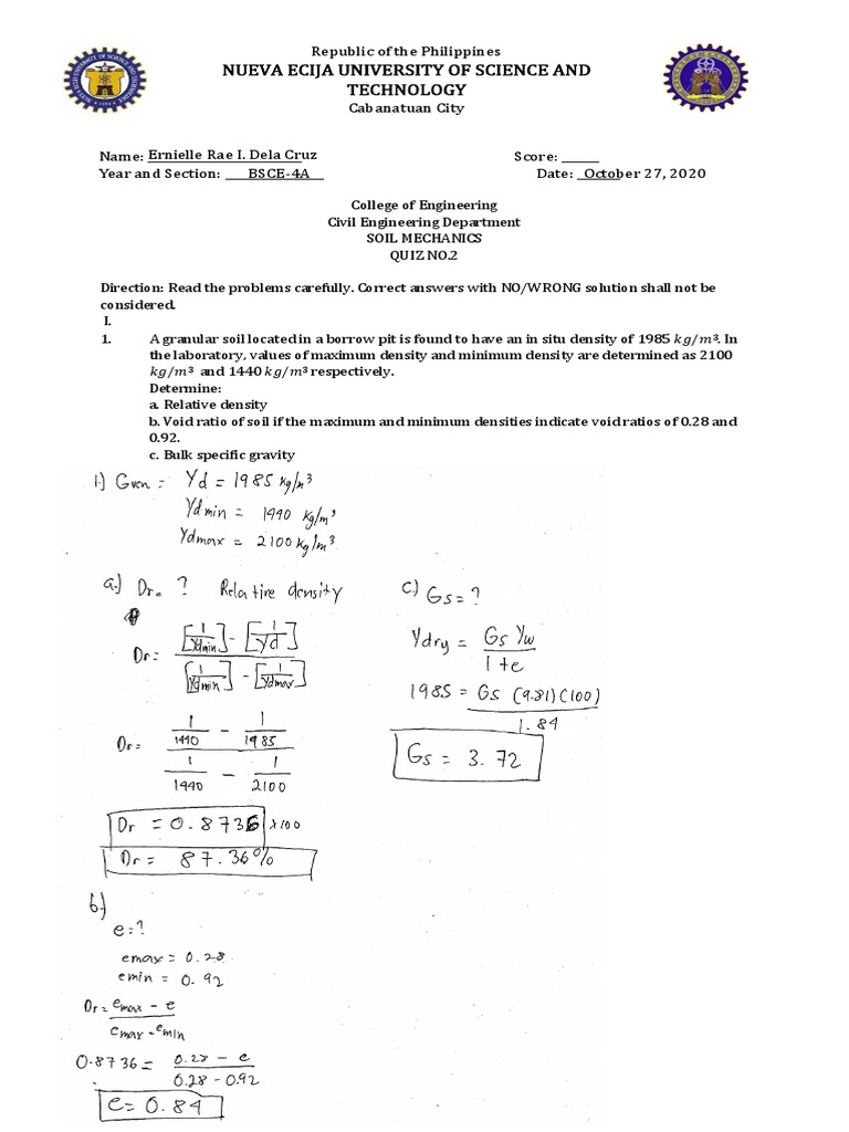 Quiz 2 Ernielle Rae Dela Cruz BSCE-4A | PDF | Soil | Density