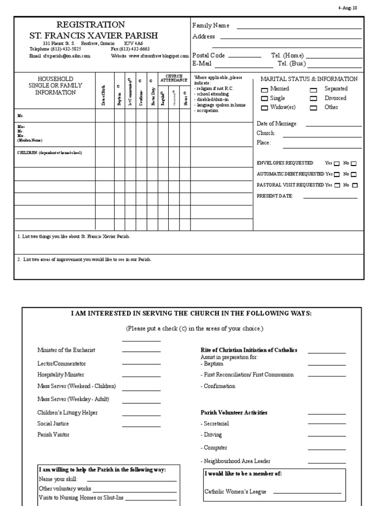 St. Francis Xavier Parish Registration Form | PDF | Catholic Church ...