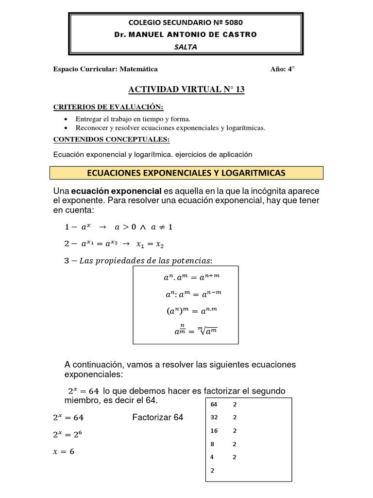 4° Matemática Act 13 PDF | PDF | Logaritmo | Ecuaciones