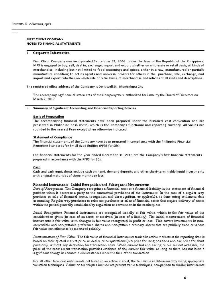 Notes To Financial Statements | PDF | Fair Value | Historical Cost