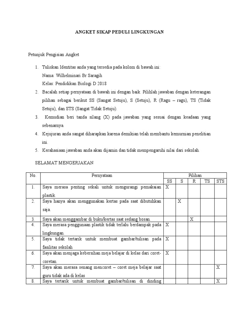 Wilhelminari BR Saragih - Angket Sikap Peduli Lingkungan | PDF