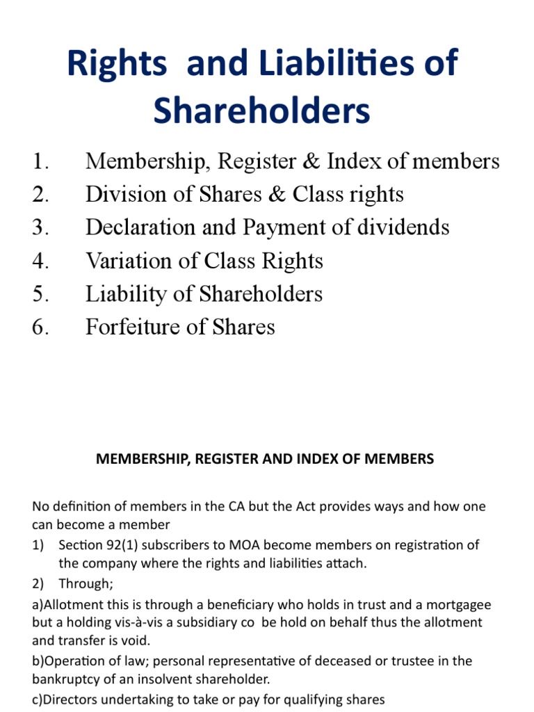 Rights & Liabilities of Shareholders - Summary Slides-2 | PDF ...