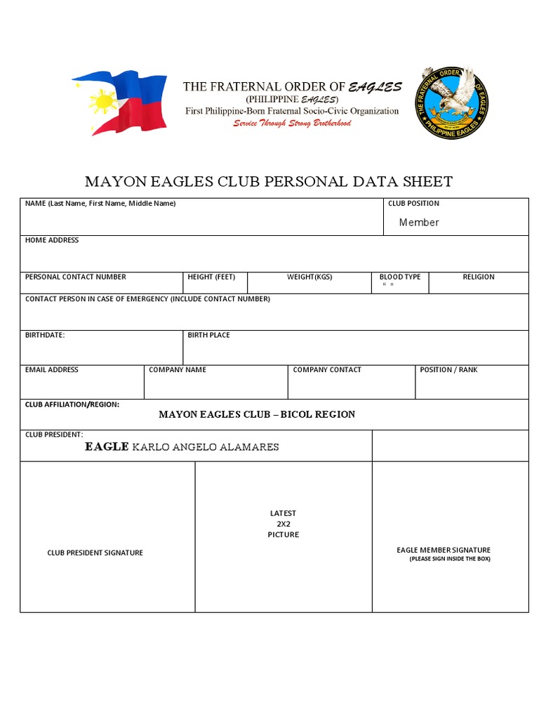 Mayon Eagles Club Personal Data Sheet: Member | PDF