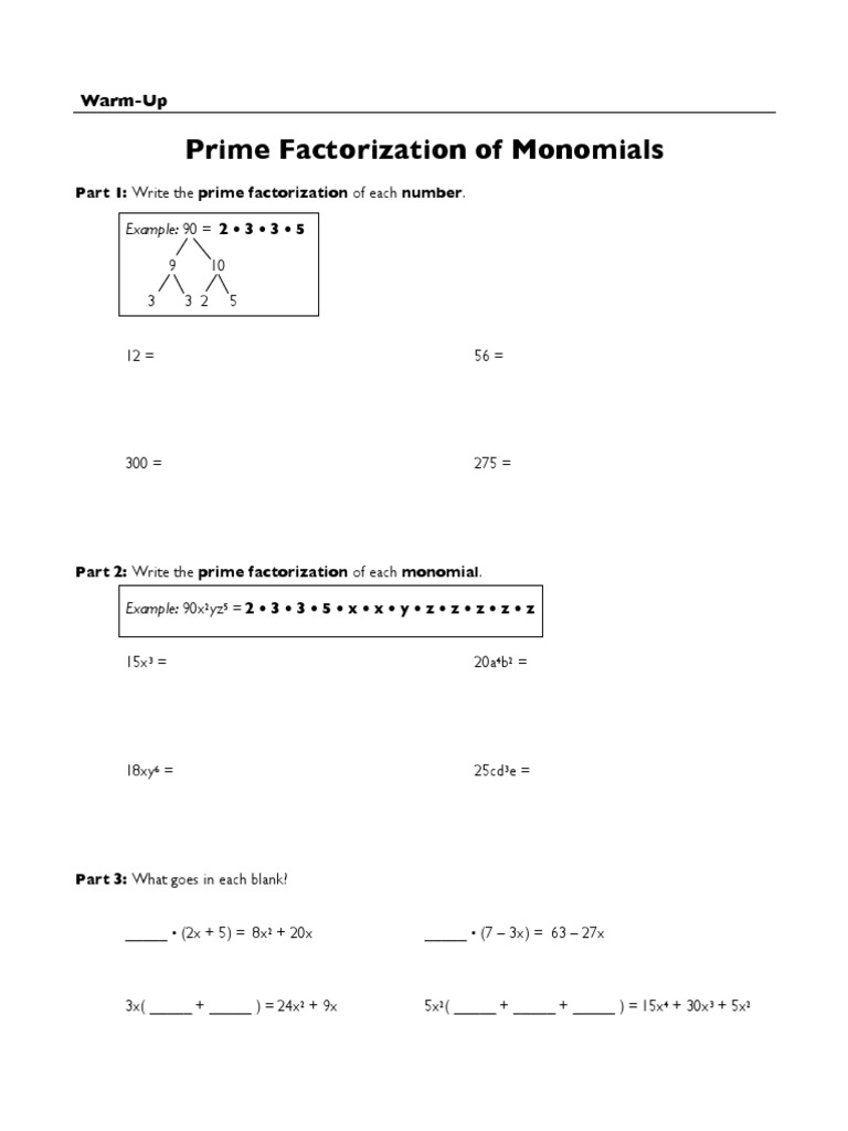 Prime Factorization of Monomials: Warm-Up | PDF | Teaching Methods & Materials