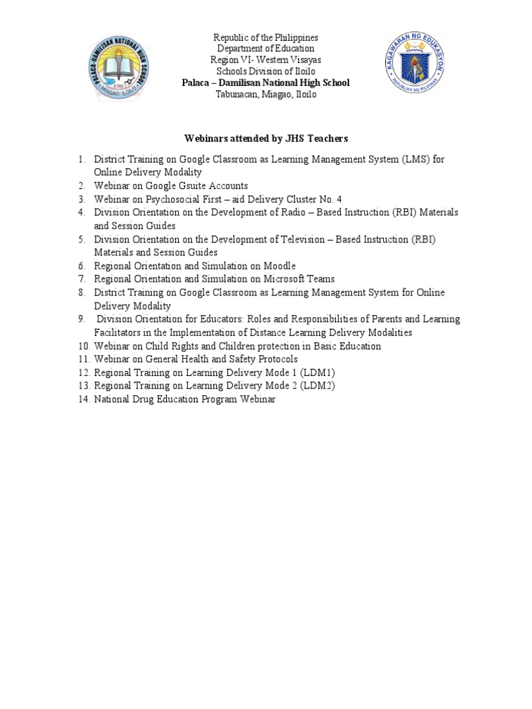Webinars Attended by JHS Teachers | PDF