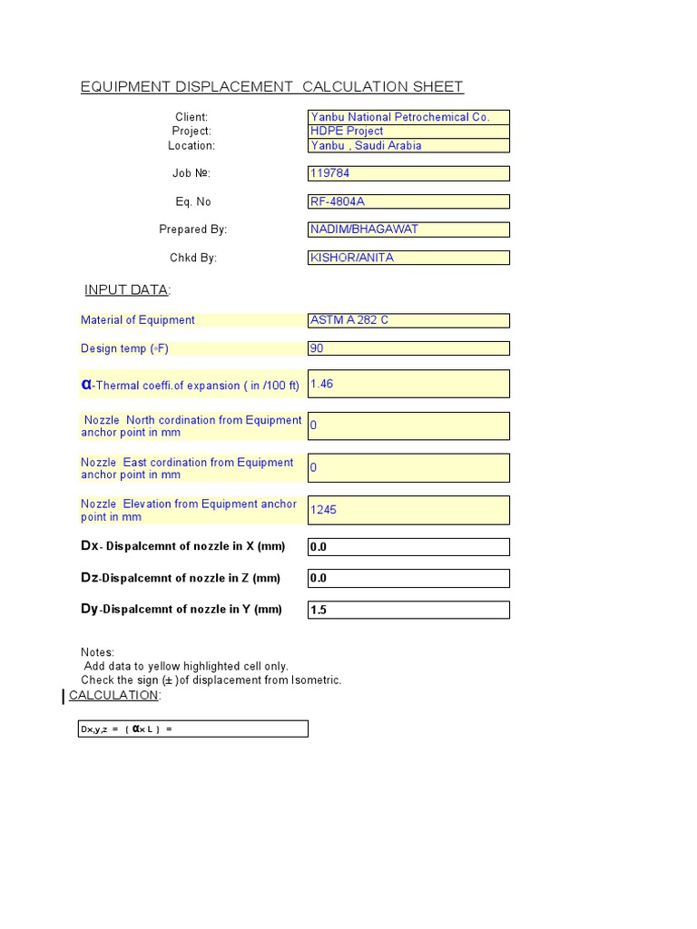Equipment Displacement Calculation Sheet: Input Data | PDF