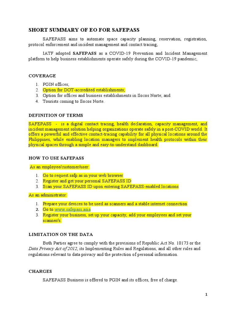 Short Summary of SAFEPASS EO | PDF | Information Privacy | Privacy