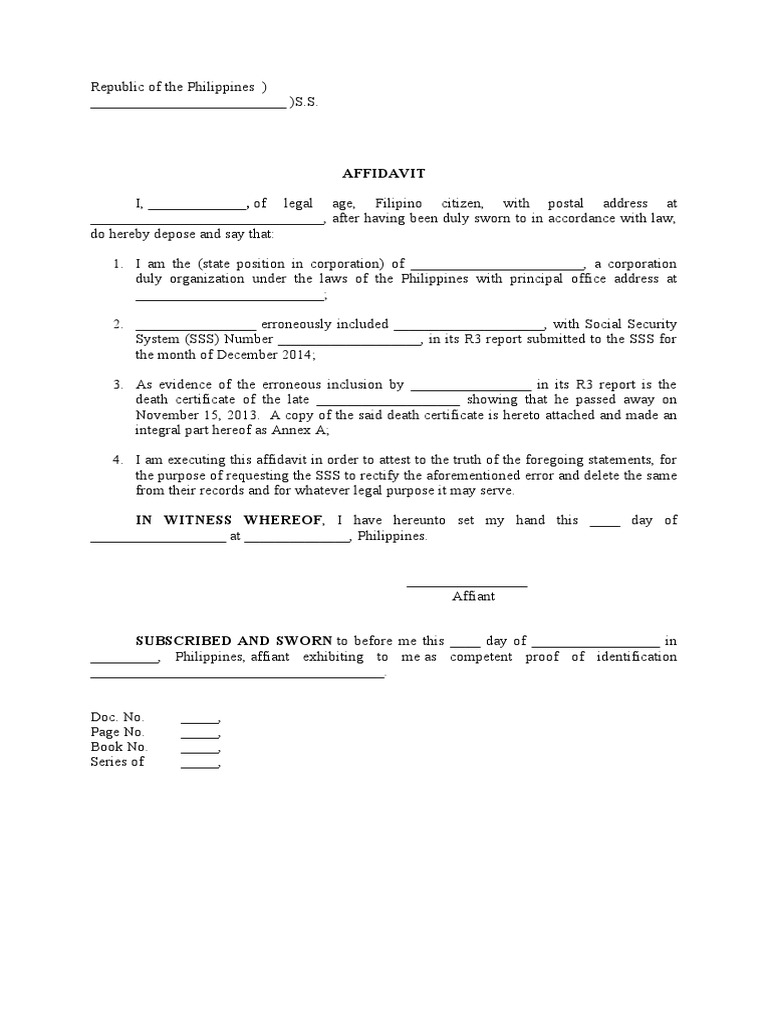 Affidavit For SSS - Error of Entry - Sample | PDF