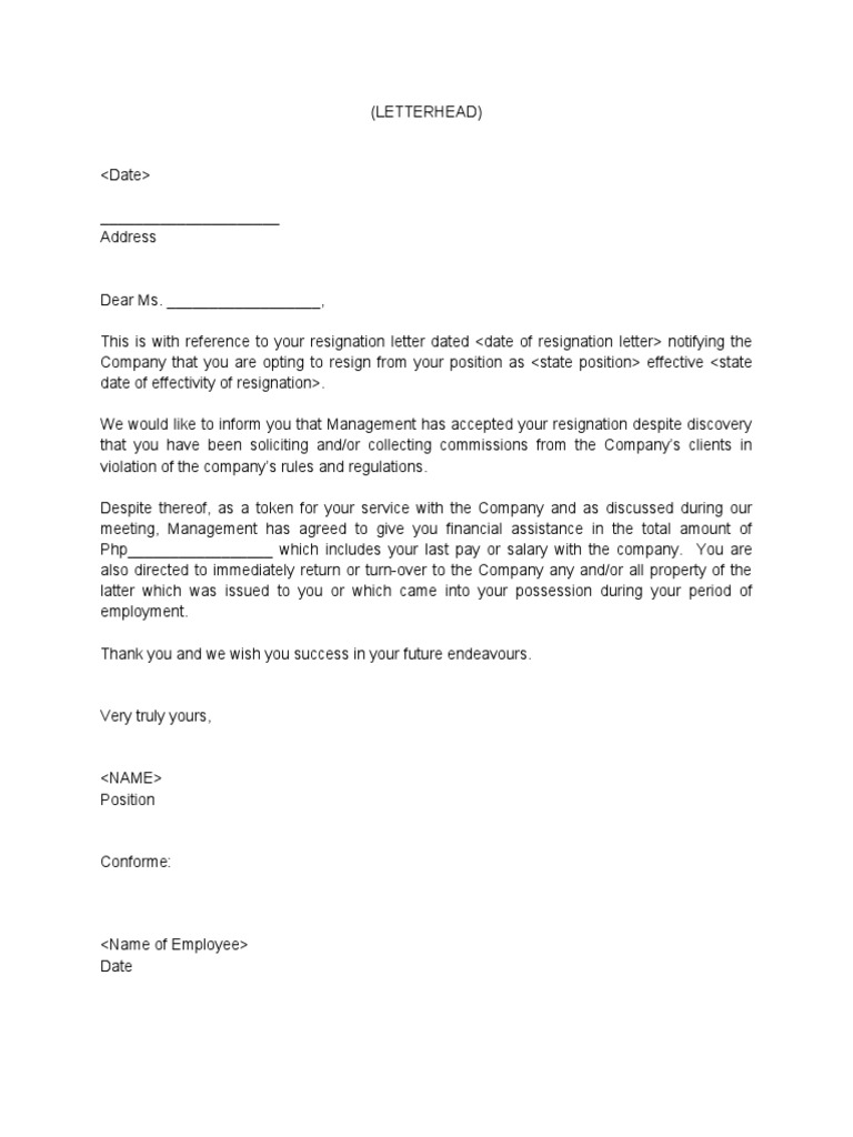Letter of Acceptance of Resignation | PDF