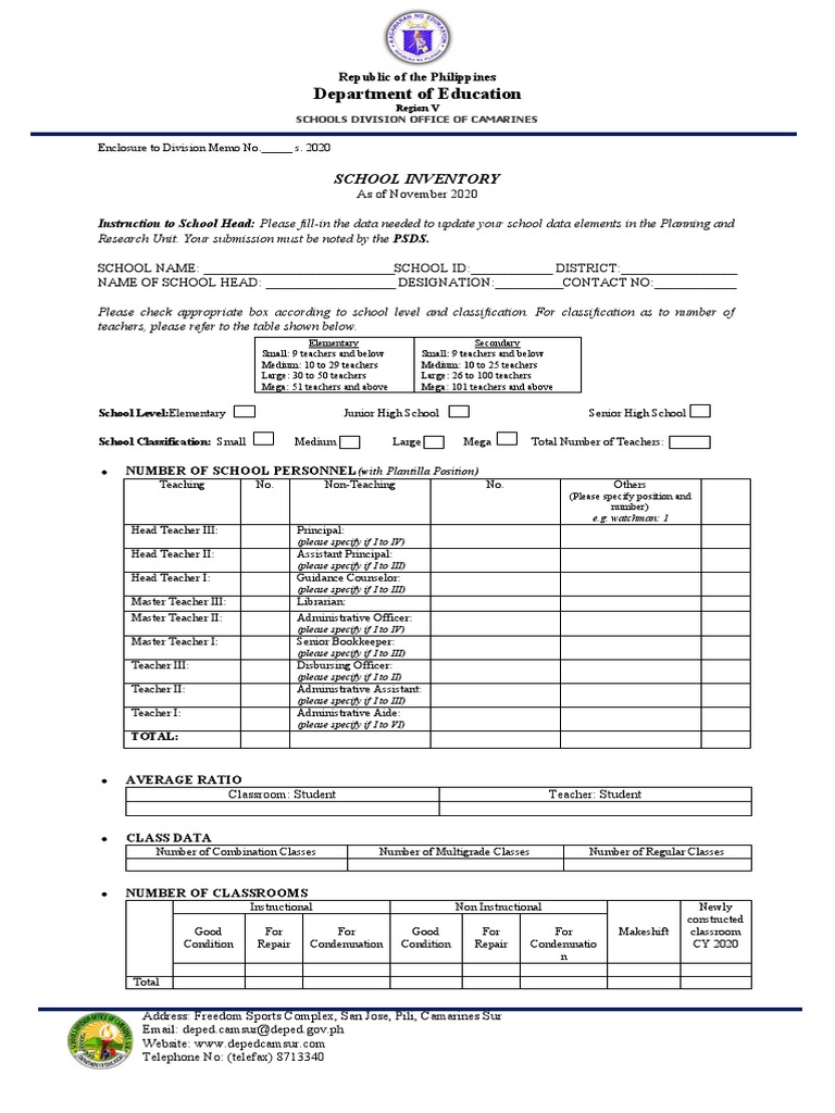 Department of Education: School Inventory | PDF | Classroom | Teachers