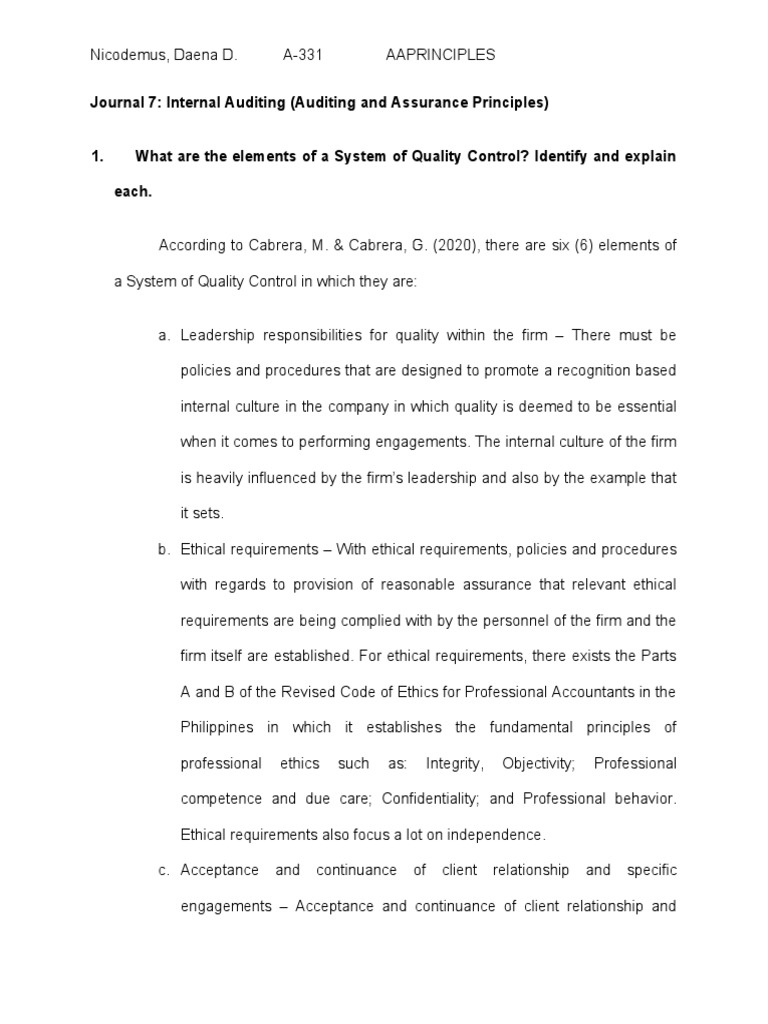 Journal 7: Internal Auditing (Auditing and Assurance Principles) | PDF ...