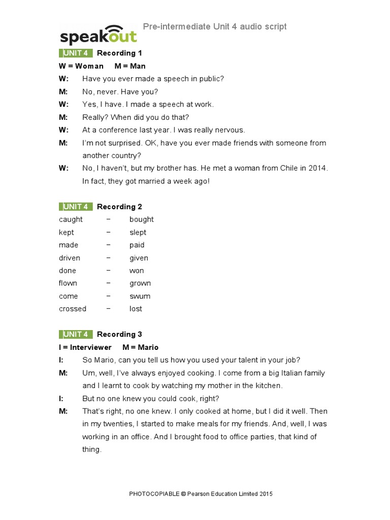 Pre Intermediate Unit 4 Audio Script Pdf Foods