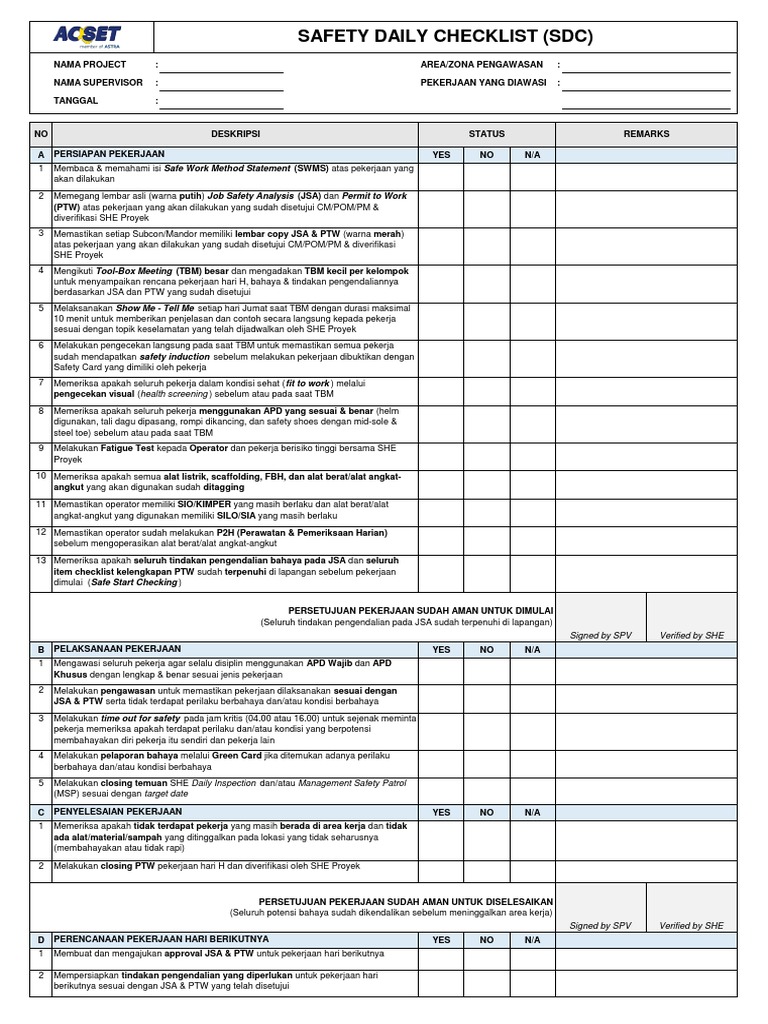 Safety Daily Checklist (SDC) PDF | PDF
