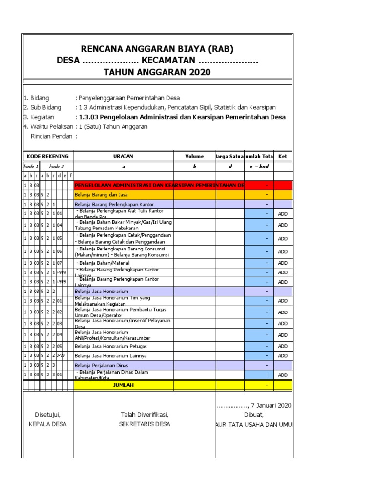 RAB Pengelolaan Administrasi Desa 2020 | PDF