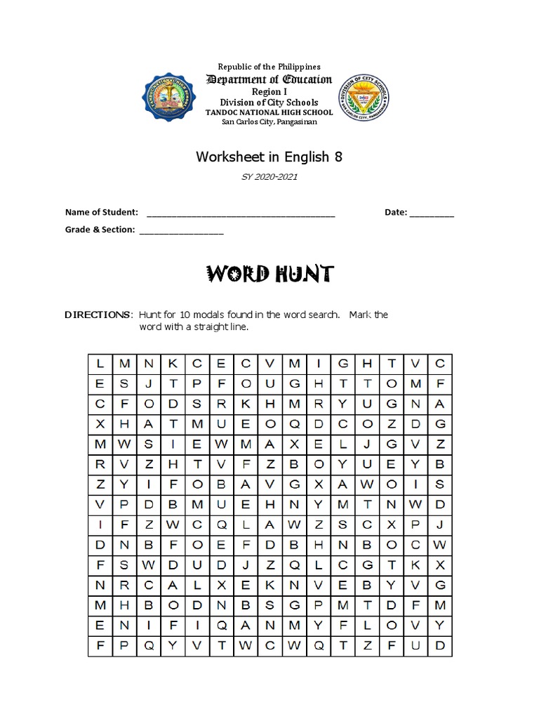 10 modals in a word search worksheet | PDF