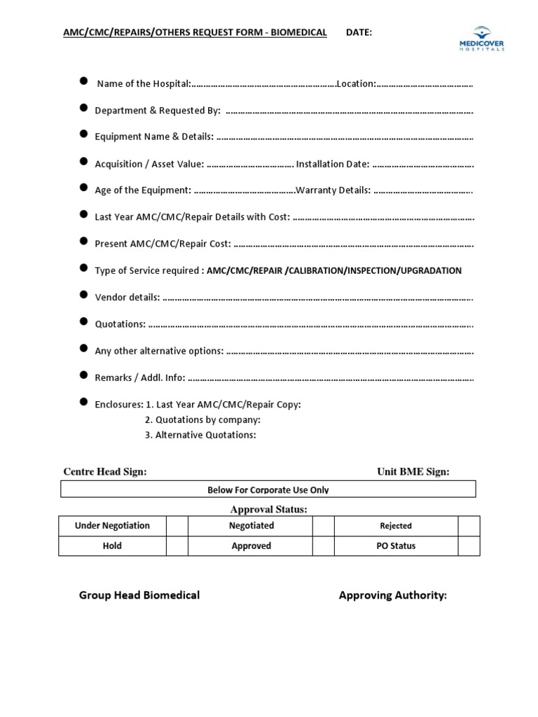 Amc/Cmc/Repairs/Others Request Form - Biomedical Date | PDF