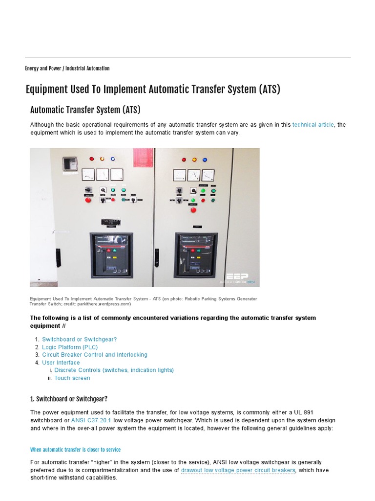 Equipment Used To Implement Automatic Transfer System (ATS) - EEP | PDF ...