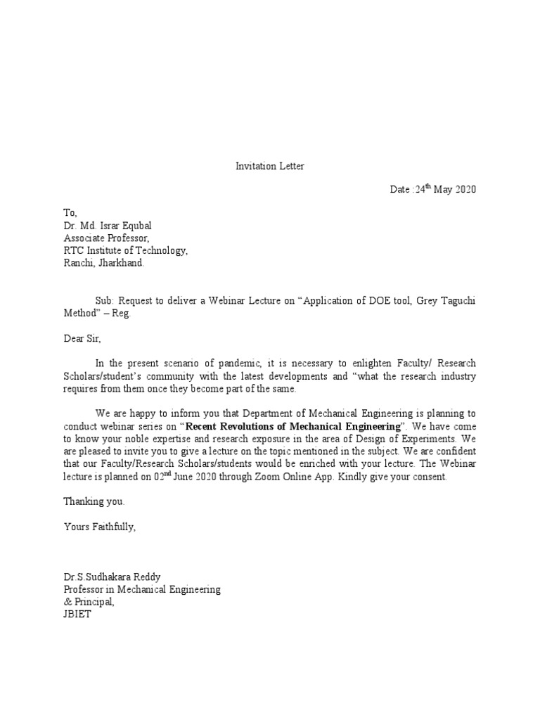 Invitation Letter For Guest Lecture | PDF | Lecture | Inquiry