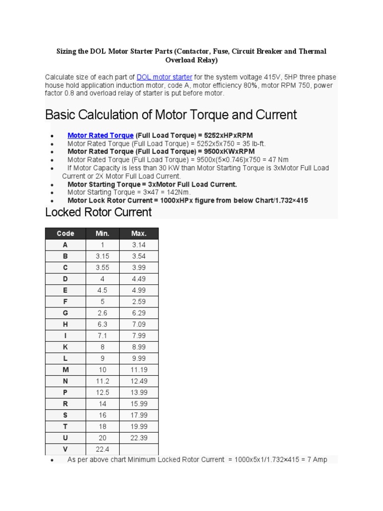 Sizing The DOL Motor Starter Parts | PDF | Technology & Engineering