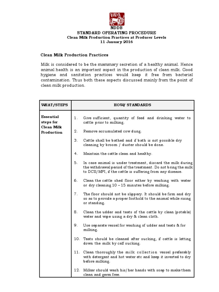Sop Clean Milk Production Practices at Producer Levels | PDF | Dairy | Milk