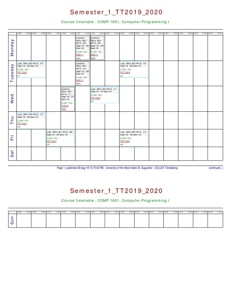 Semester - 1 - TT2019 - 2020: Course Timetable - COMP 1601, Computer Programming I | PDF