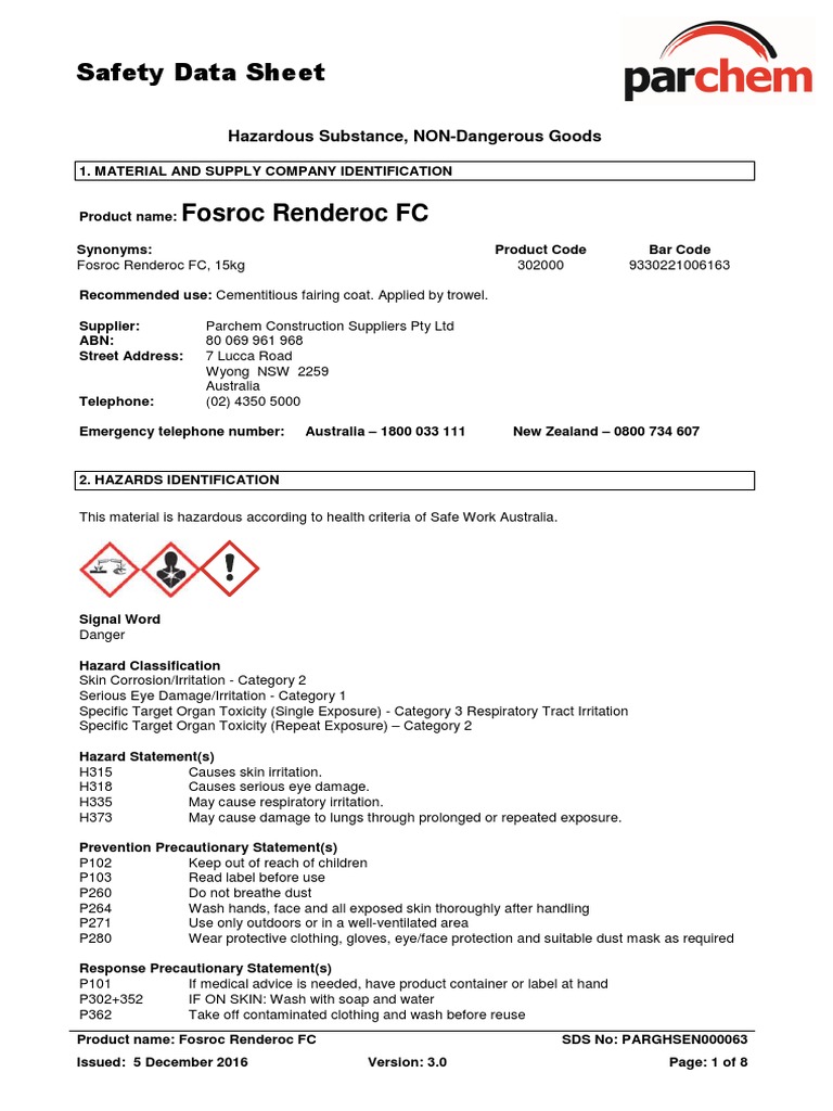 Fosroc Renderoc FC: Safety Data Sheet | PDF | Dangerous Goods | Toxicity
