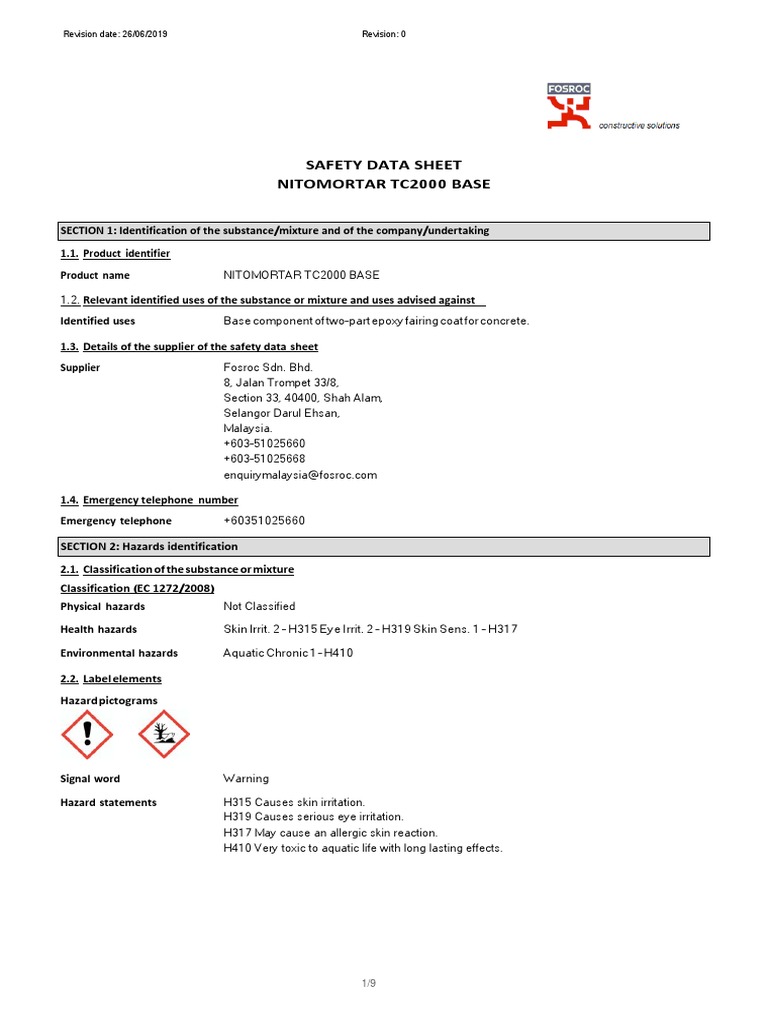 Safety Data Sheet Nitomortar Tc2000 Base: Revision Date: 26/06/2019 Revision: 0 | PDF | Toxicity ...