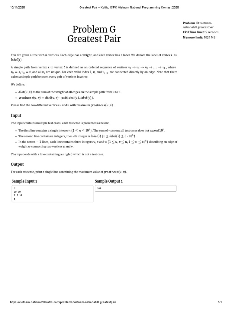 Greatest Pair - Kattis, ICPC Vietnam National Programming Contest 2020 ...
