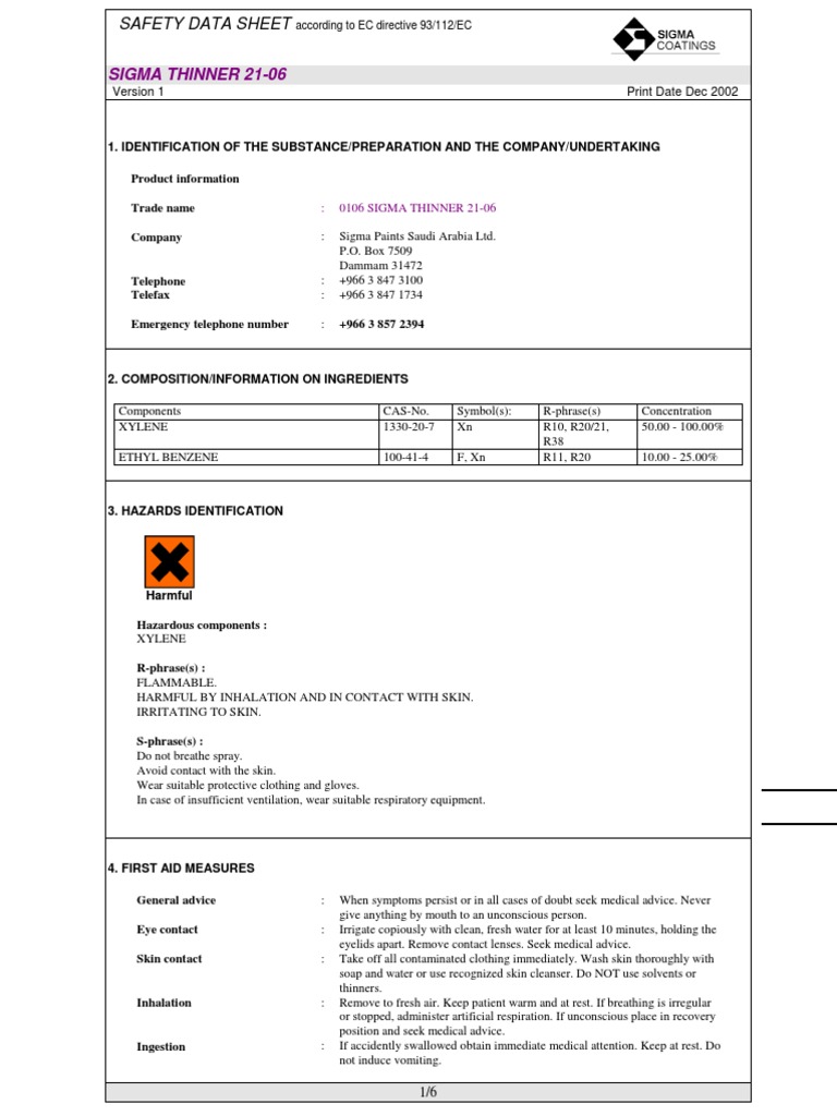 Sigma Thinner 21-06 PDF | PDF | Personal Protective Equipment | Firefighting