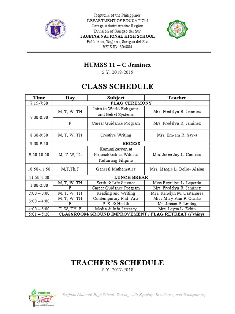 HUMSS Grade 11 Class Schedule | PDF | Behavior Modification | Learning
