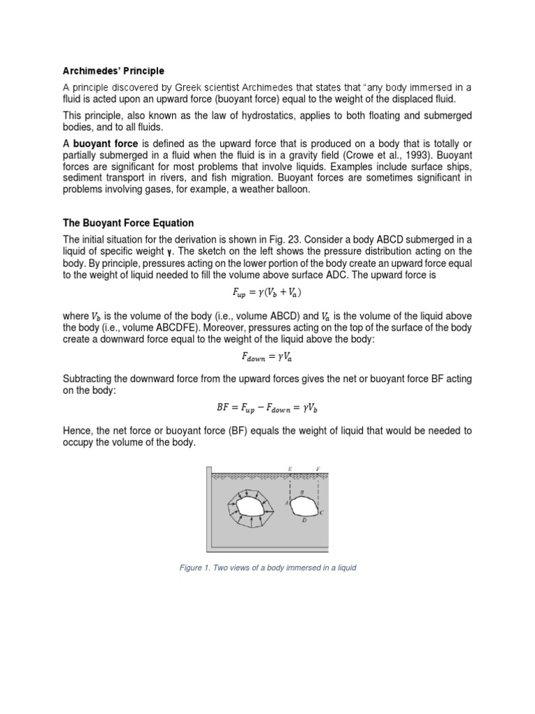 Archimedes' Principle: Figure 1. Two Views of A Body Immersed in A ...
