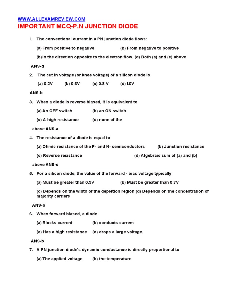 Edc MCQ Unit 1 PN Junction Diode | PDF | P–N Junction | Diode
