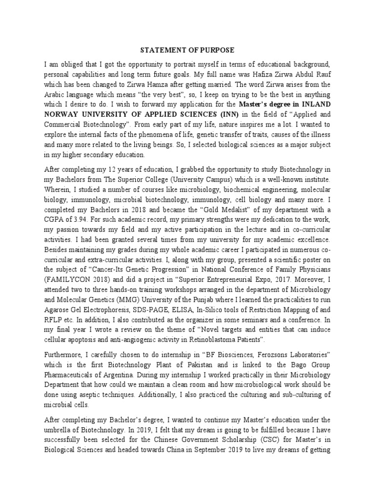 Statement of Purpose | PDF | Biotechnology | Laboratories