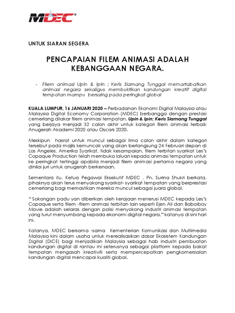 Pencapaian Filem Animasi Adalah Kebanggaan Negara PDF | PDF