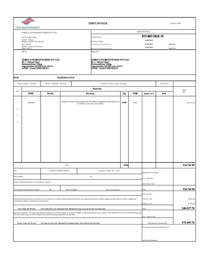 Debit Invoice: Toprun Automotive India PVT LTD | PDF | Invoice | Receipt