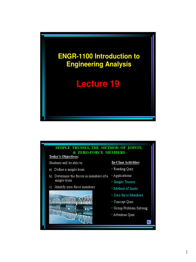 ENGR-1100 Introduction To Engineering Analysis: Simple Trusses, The ...