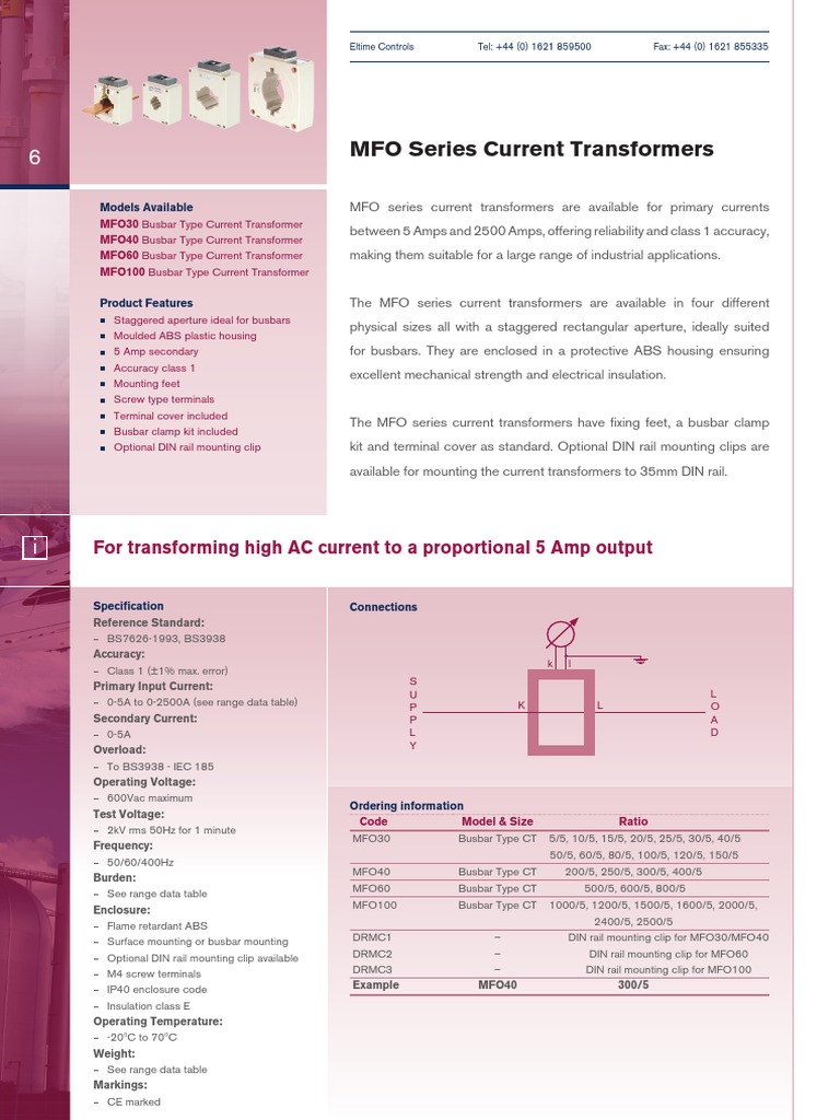 MFO Series Current Transformers Overview | PDF | Transformer | Components