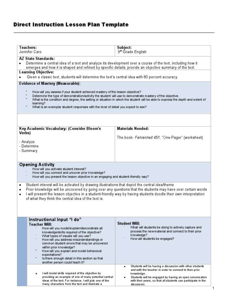 Caro J Tel311 Direct Instruction Lesson Plan Template 1 | PDF | Lesson ...