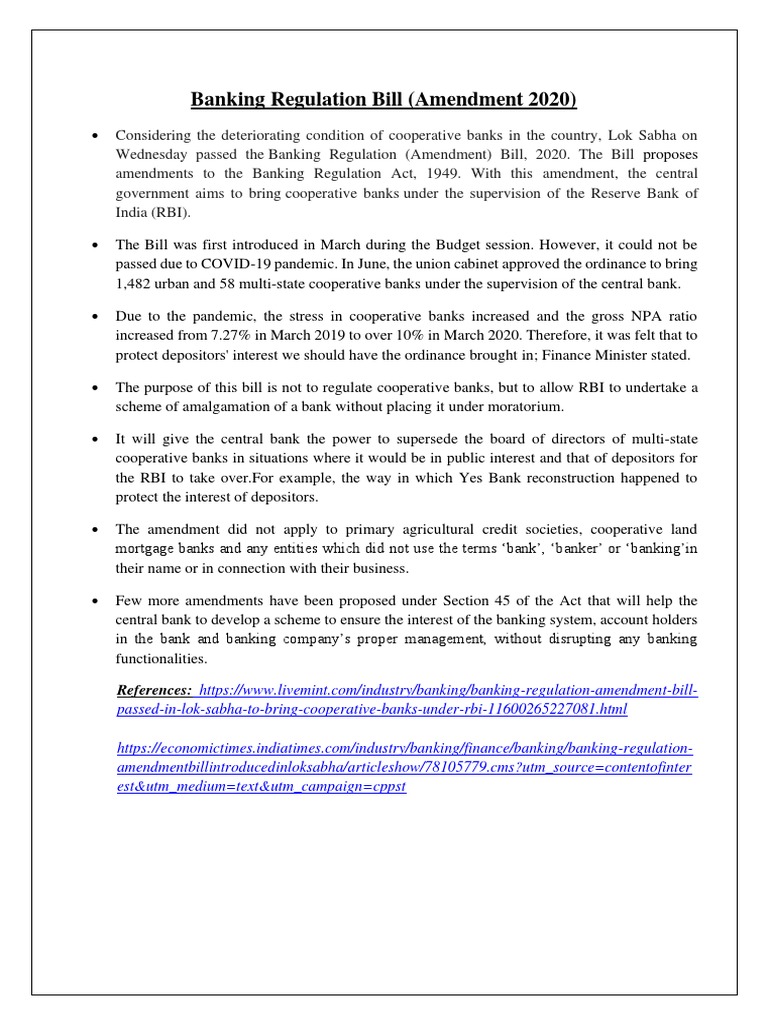 Banking Regulation Amendment 2020 Summary | PDF