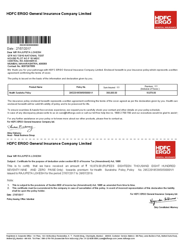 HDFC ERGO General Insurance Company Limited: Date: 27/07/2017 | PDF ...
