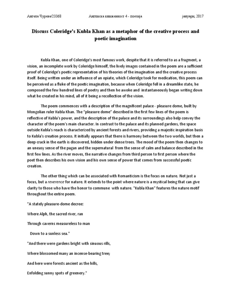 Discuss Coleridge's Kubla Khan As A Metaphor of The Creative Process ...