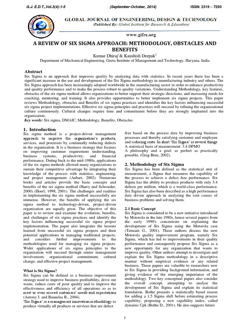 A Review of Six Sigma Approach Methodology Obstacles and Benefits ...