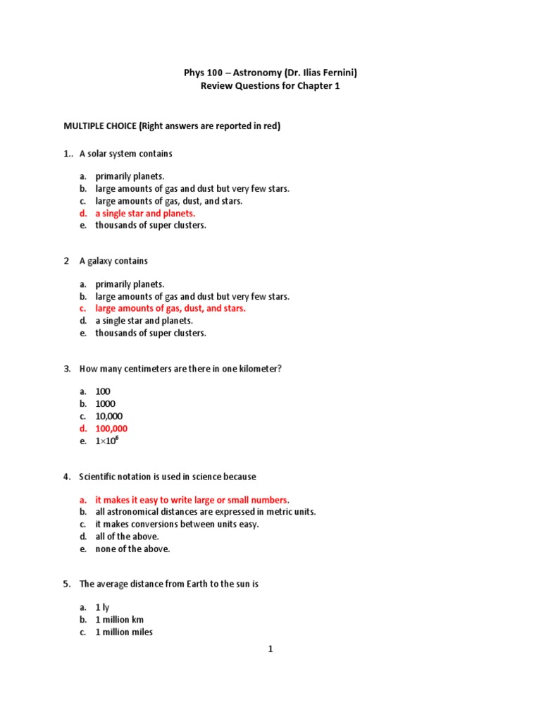 Phys 100 - Astronomy (Dr. Ilias Fernini) Review Questions For Chapter 1 ...