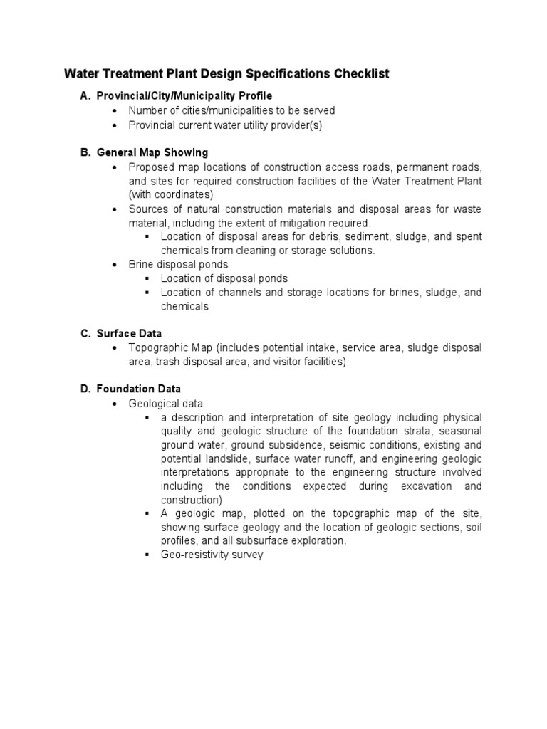 Water Treatment Plant Design Specifications Checklist: A. Provincial ...
