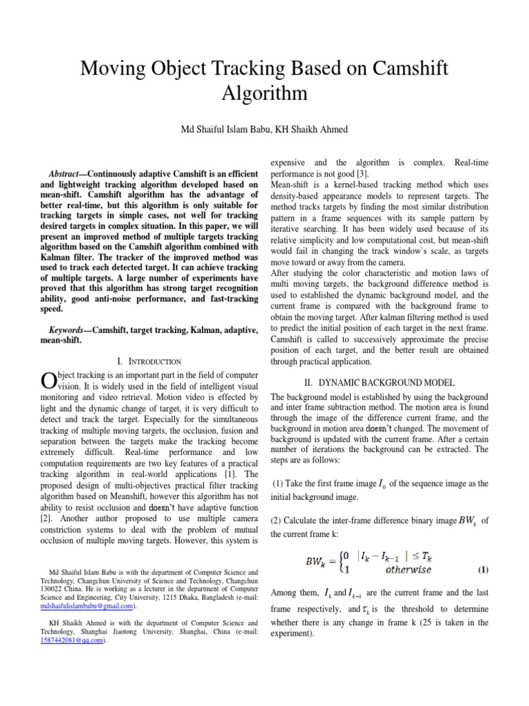Moving Object Tracking Based On Camshift Algorithm: MD Shaiful Islam Babu, KH Shaikh Ahmed | PDF ...