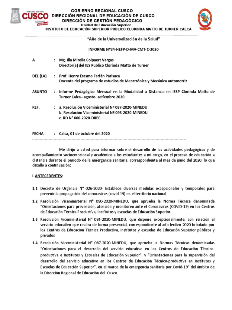 INFORME DEL DOCENTE AL DIRECTOR DE IESP CMT AGOSTO - OCTUBRE Sistema de Luces | PDF | Maestros ...
