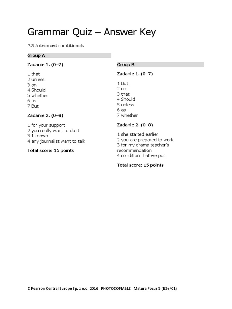 Grammar Quiz Unit 7 (7-3) Answer Key Groups A I B | PDF