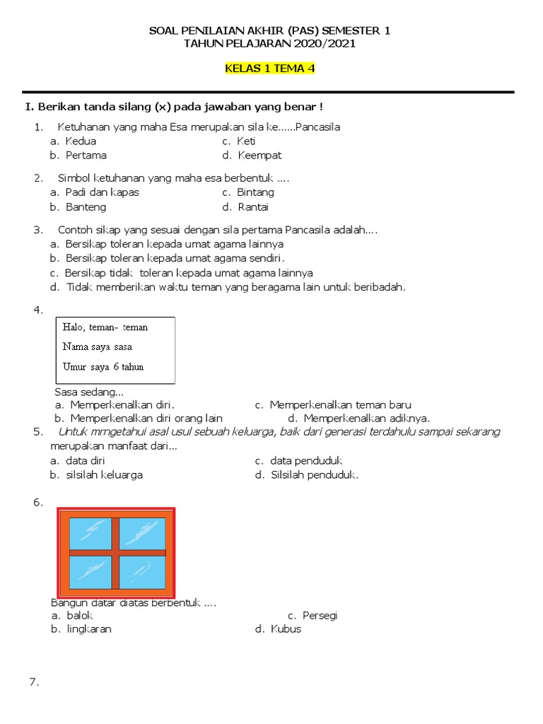 Soal PAS Kelas 1 Sem 1 - TEMA 4 - Kamimadrasah | PDF | Seni & Disiplin Bahasa | Griya & Taman