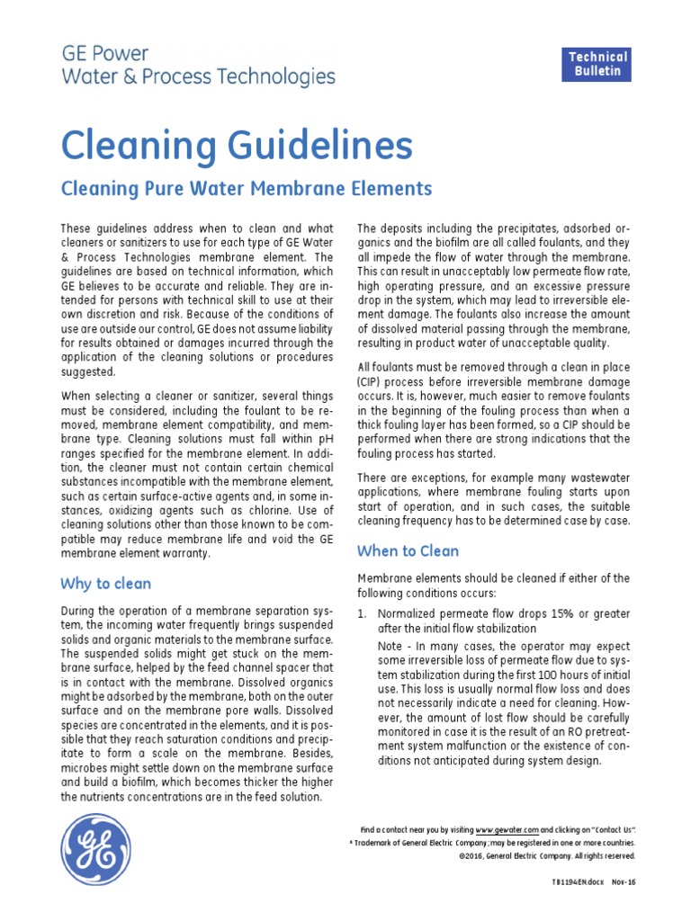 Cleaning Guidelines: Cleaning Pure Water Membrane Elements | PDF ...