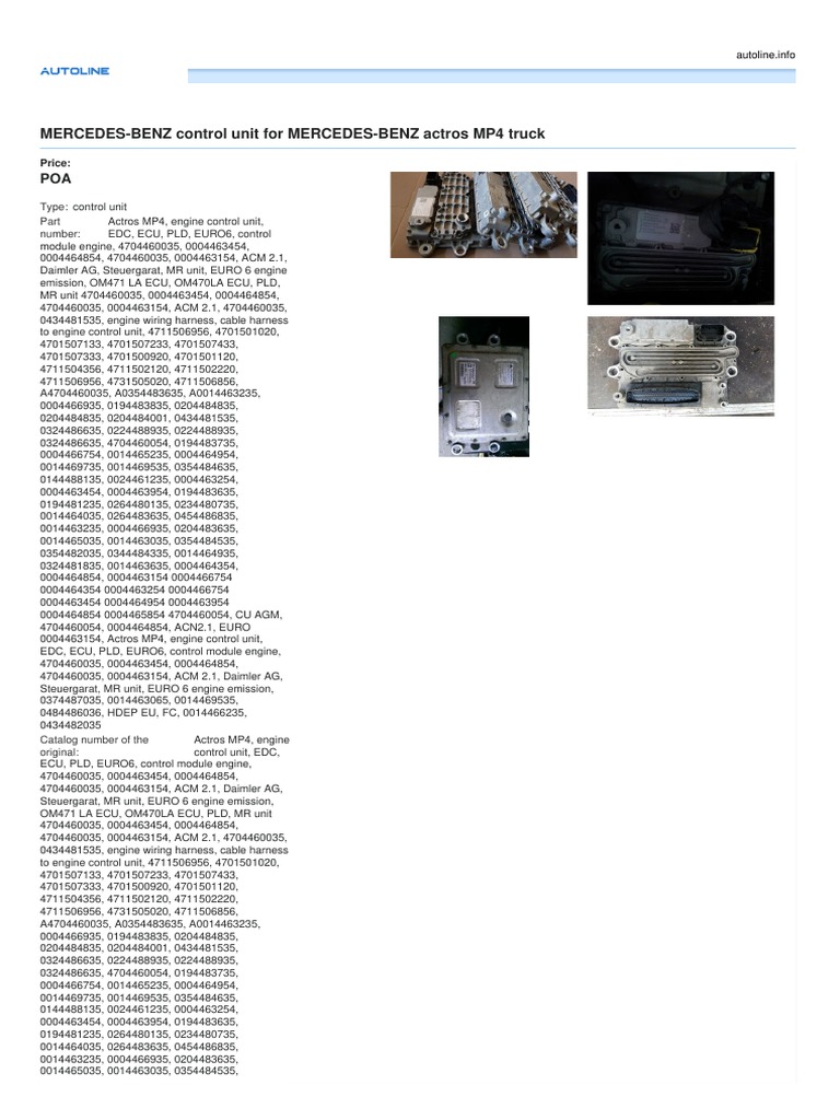 MERCEDES-BENZ Control Unit For MERCEDES-BENZ Actros MP4 Truck | PDF ...